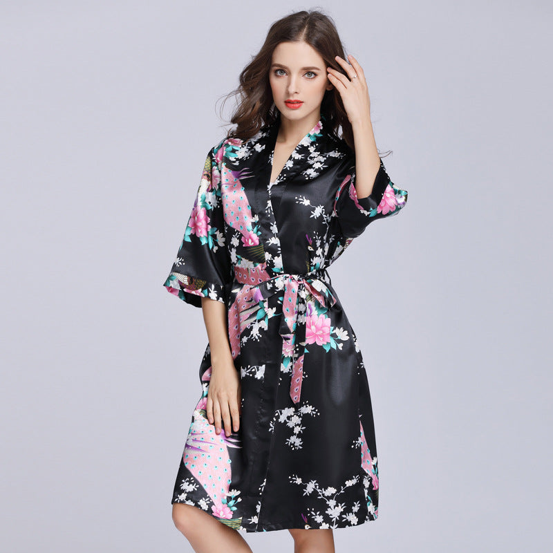 Half Sleeve Peacock Pattern Silk Kimono Yukata Sleepwear – IDREAMMART