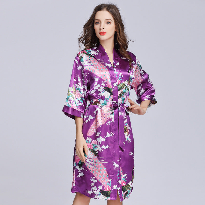 Half Sleeve Peacock Pattern Silk Kimono Yukata Sleepwear – IDREAMMART