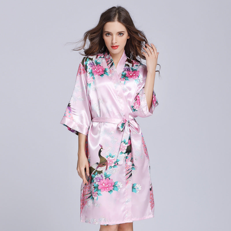 Half Sleeve Peacock Pattern Silk Kimono Yukata Sleepwear – IDREAMMART