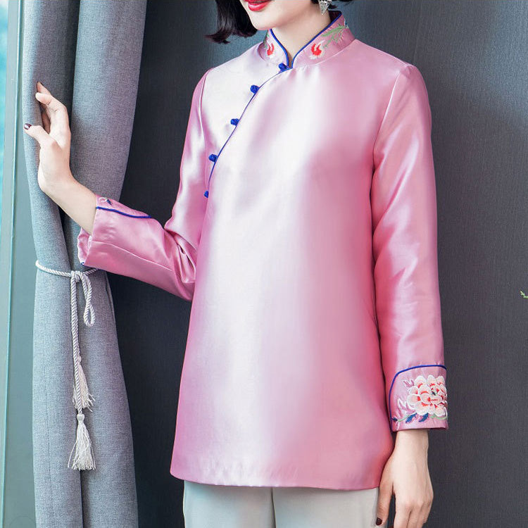 Long Sleeve Mandarin Collar Floral Embroidery Traditional Chinese Coat ...