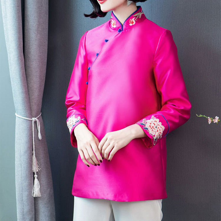 Long Sleeve Mandarin Collar Floral Embroidery Traditional Chinese Coat ...