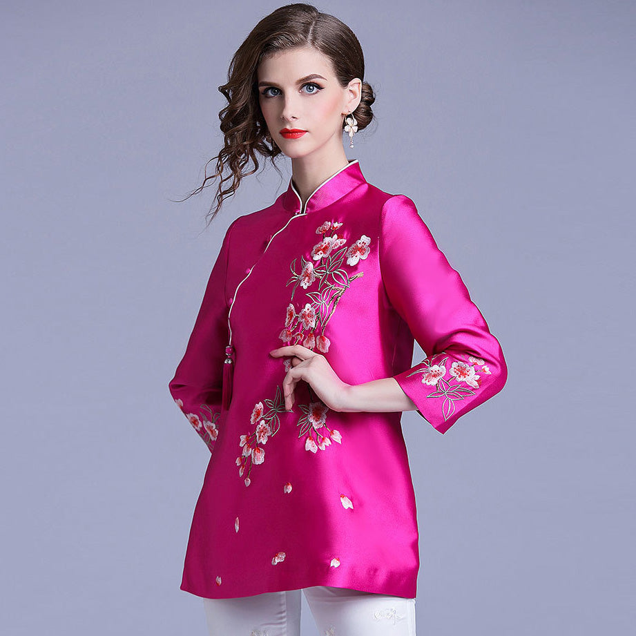 Floral Embroidery 3/4 Sleeve Cheongsam Top Chinese Jacket – IDREAMMART