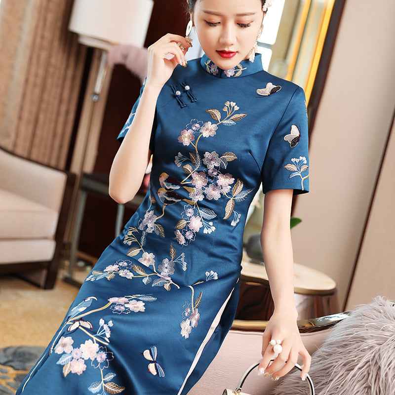 Short Sleeve Floral Embroidery Cheongsam Chinese Style Mother Dress ...