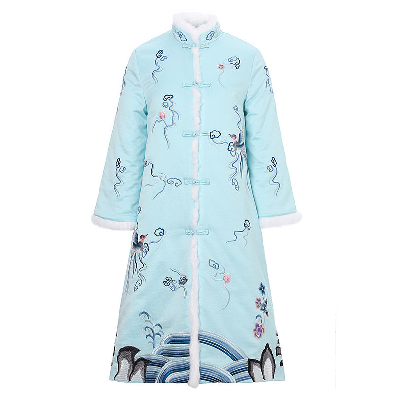 Bird & Floral Embroidery Chinese Style Long Women's Wadded Wind Coat ...