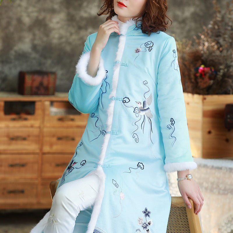 Bird & Floral Embroidery Chinese Style Long Women's Wadded Wind Coat ...