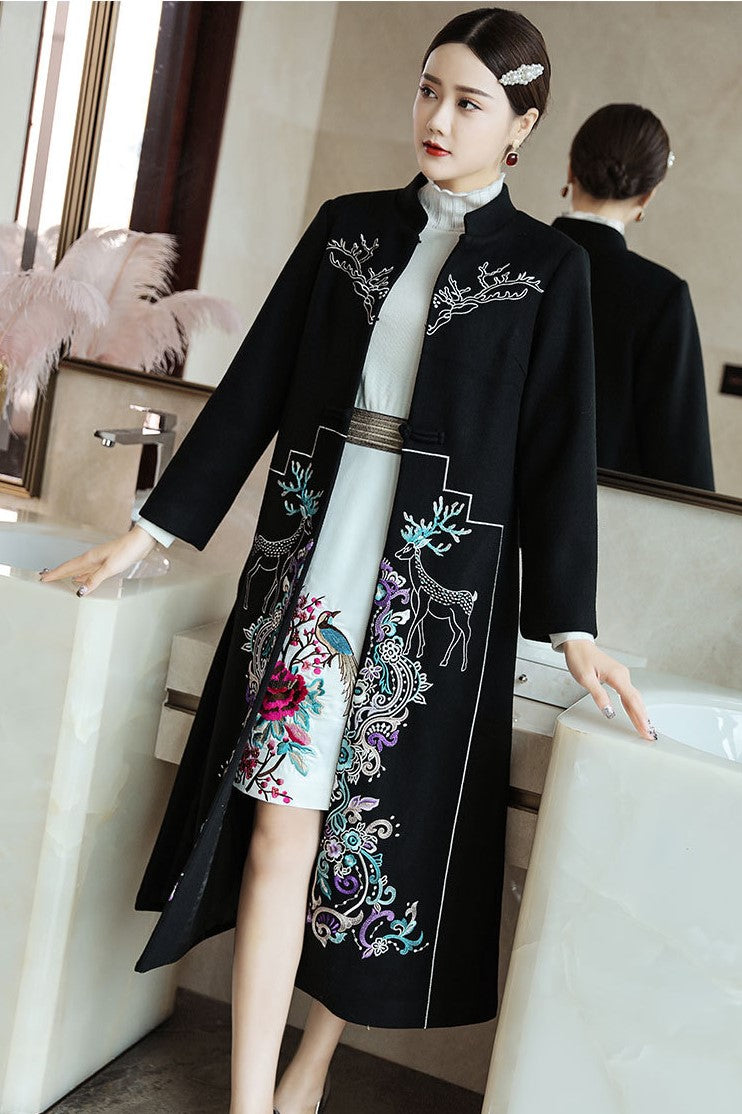 Floral Embroidery Chinese Style Retro Wool Coat Wind Coat – IDREAMMART