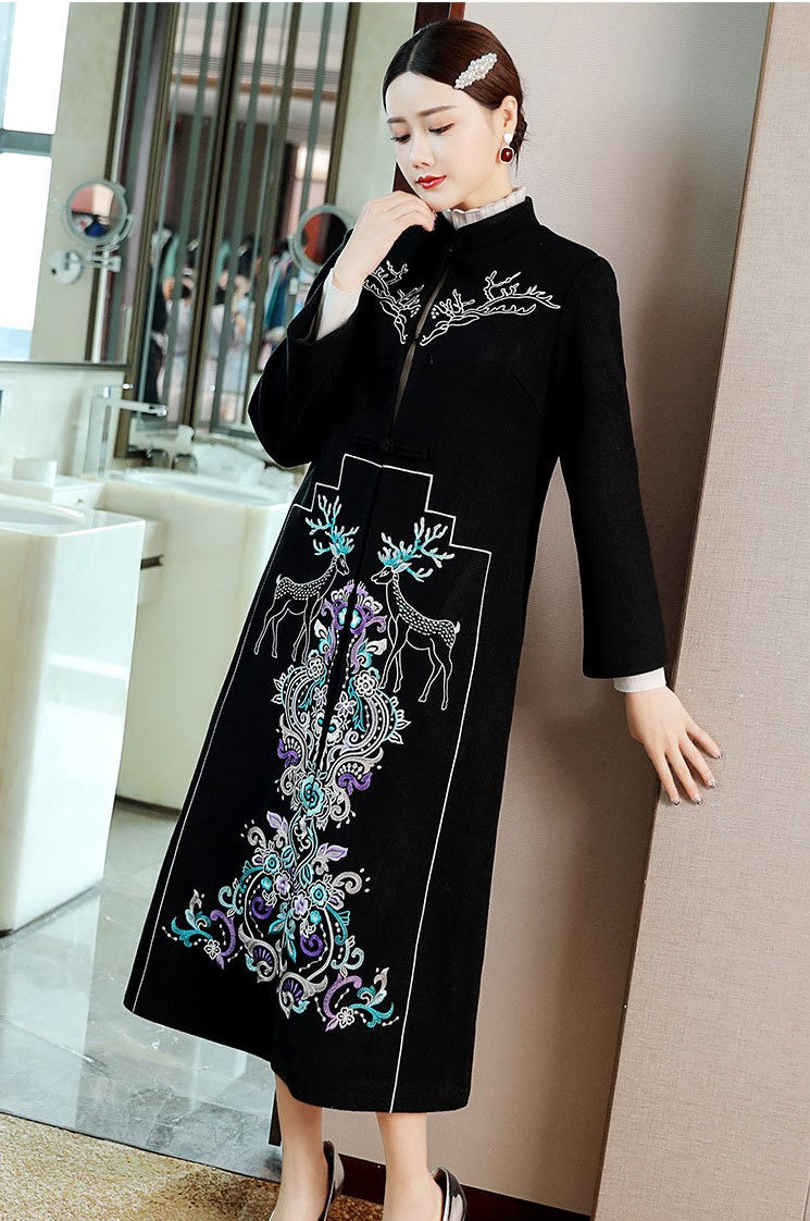 Floral Embroidery Chinese Style Retro Wool Coat Wind Coat – IDREAMMART