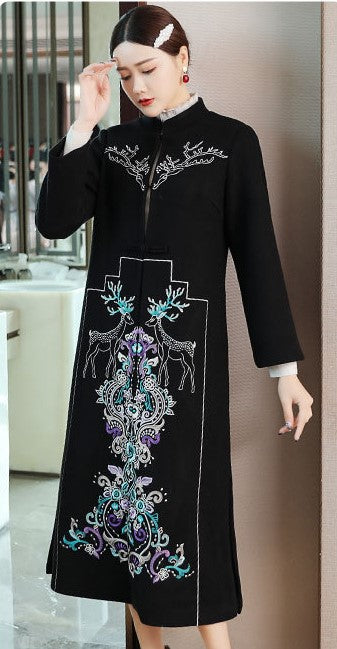 Floral Embroidery Chinese Style Retro Wool Coat Wind Coat – IDREAMMART