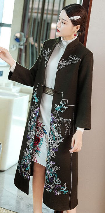 Floral Embroidery Chinese Style Retro Wool Coat Wind Coat – IDREAMMART