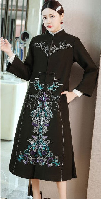 Floral Embroidery Chinese Style Retro Wool Coat Wind Coat – IDREAMMART