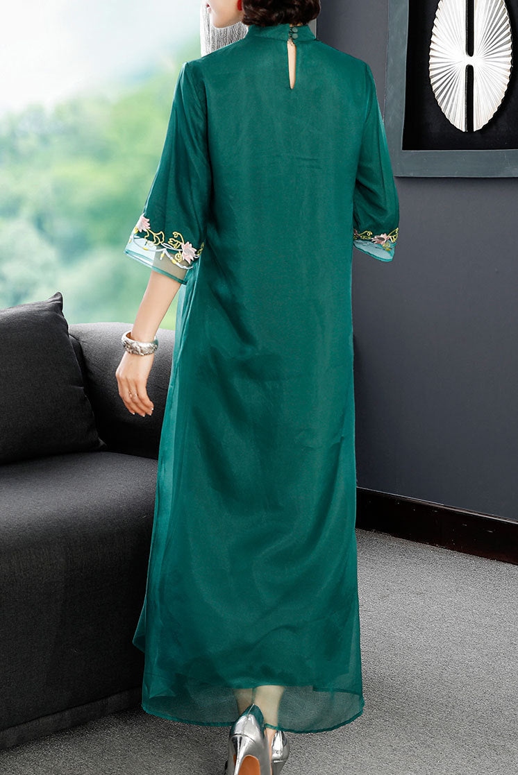 Mandarin Collar Half Sleeve Floral Emboidery Chinese Dress – IDREAMMART