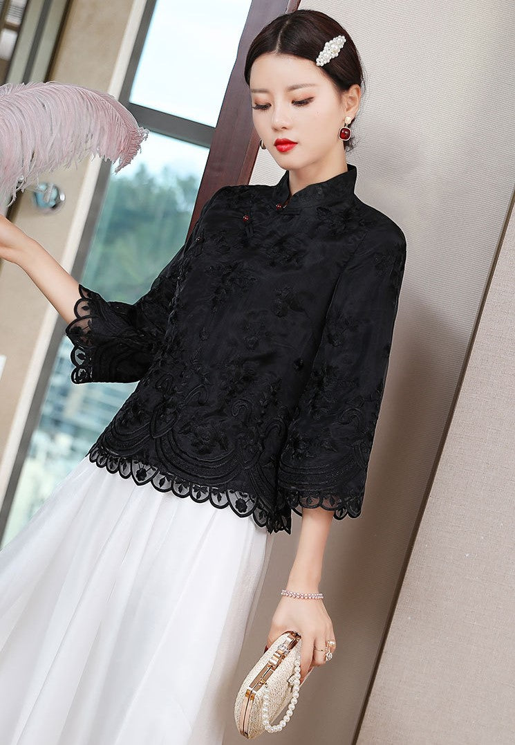 Mandarin Collar Floral Embroidery Retro Traditional Chinese Shirt ...