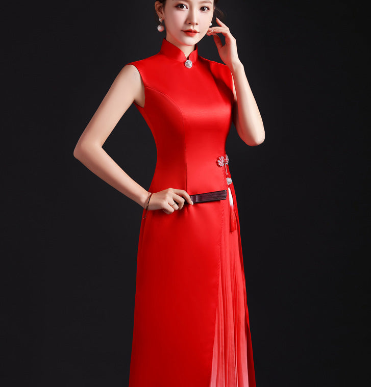 Sleeveless Satin Ao Dai Chinese Evening Dress with Tassel – IDREAMMART