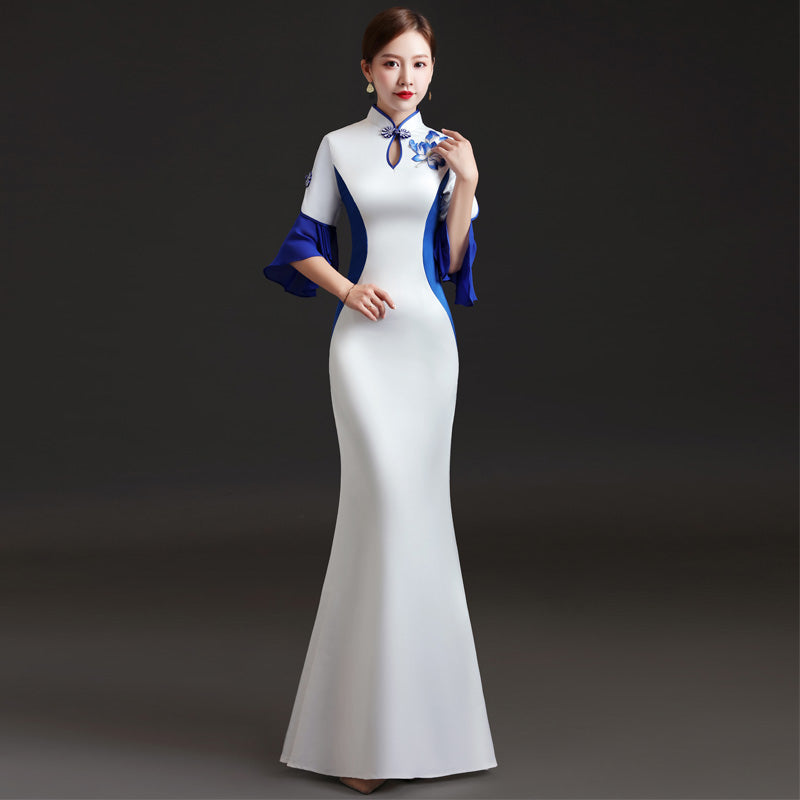 Ruffle Sleeve Cheongsam Top Long Mermaid Chinese Evening Dress – IDREAMMART