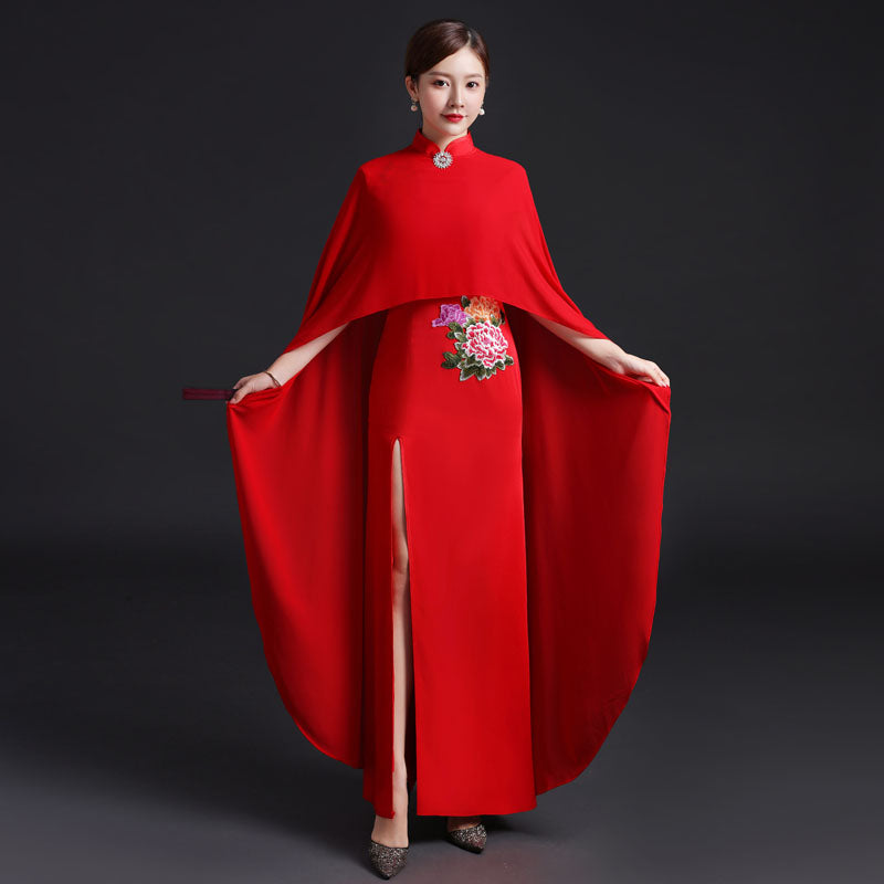 Floral Embroidery Cheongsam Top Mermaid Chinese Evening Dress with Cap ...