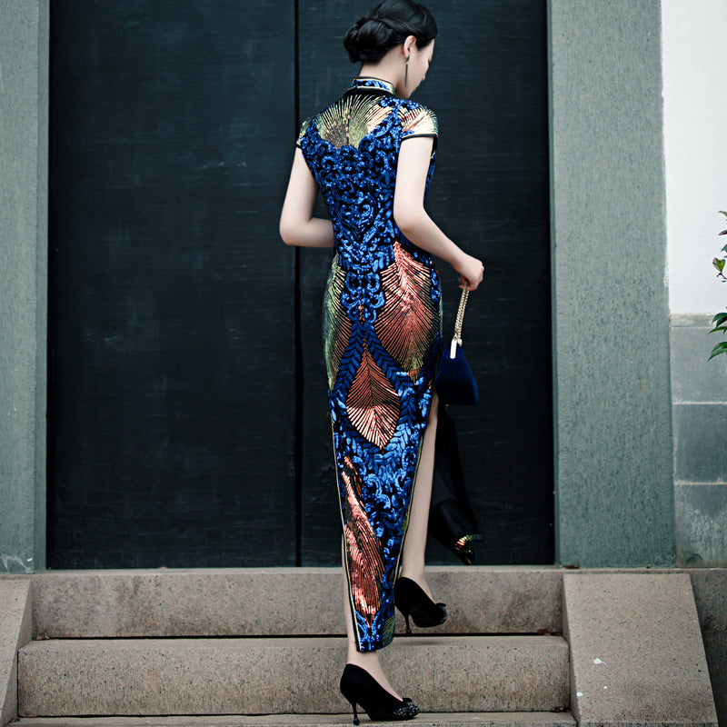 Floral Sequins Velvet Traditional Cheongsam Chinese Evening Dress ...