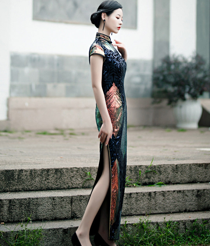 Floral Sequins Velvet Traditional Cheongsam Chinese Evening Dress ...