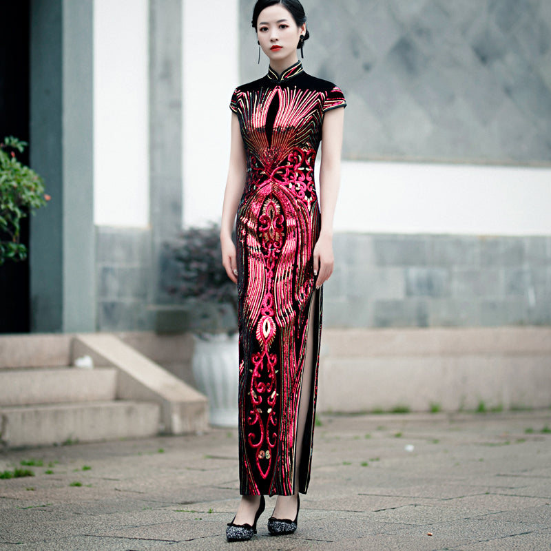 Floral Sequins Cap Sleeve Traditional Cheongsam Chinese Evening Dress ...
