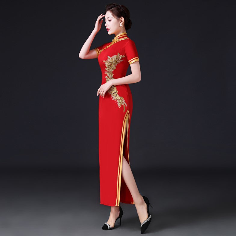 Floral Appliques Short Sleeve Full Length Cheongsam Chinese Prom Dress ...