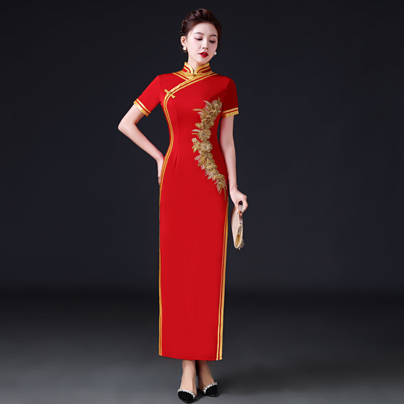Floral Appliques Short Sleeve Full Length Cheongsam Chinese Prom Dress ...