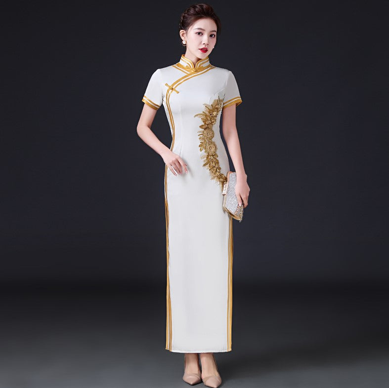 Floral Appliques Short Sleeve Full Length Cheongsam Chinese Prom Dress ...