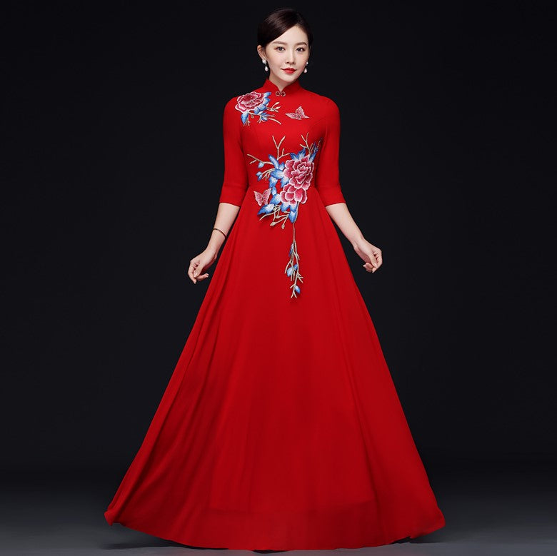 Floral Embroidery Half Sleeve Cheongsam Top Chinese Prom Dress – IDREAMMART