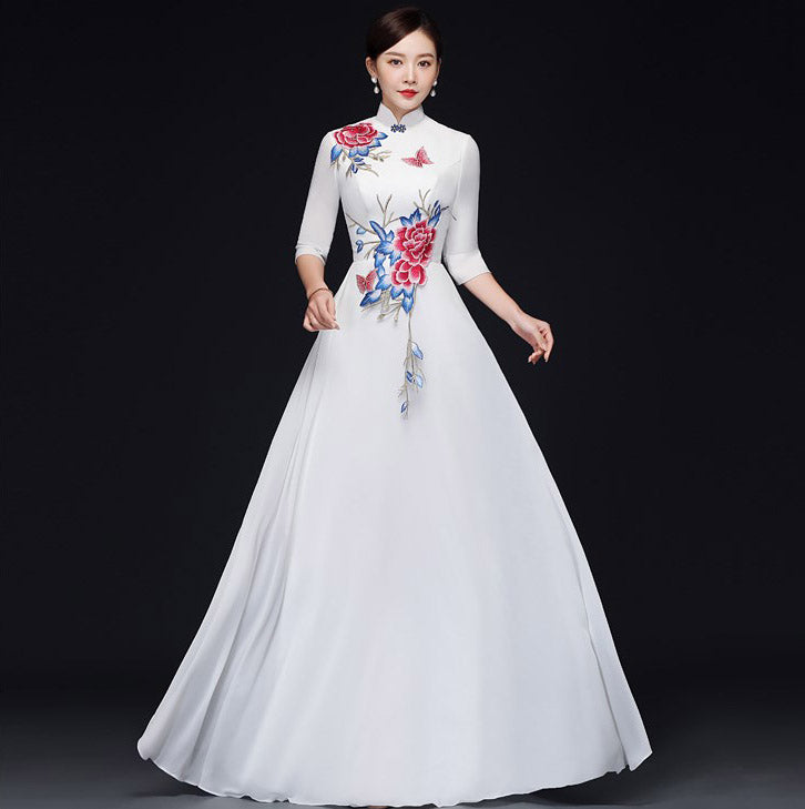 Floral Embroidery Half Sleeve Cheongsam Top Chinese Prom Dress – IDREAMMART
