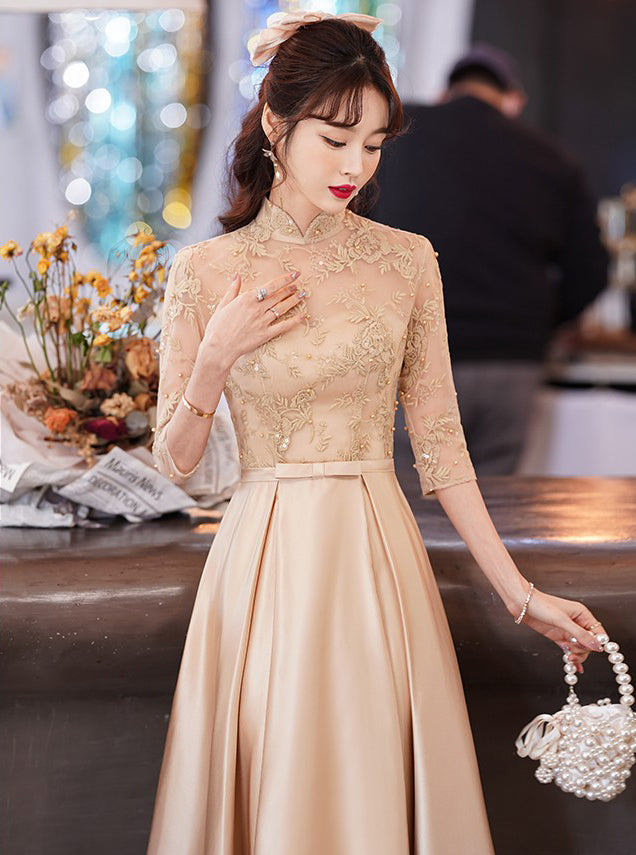 Illusion Neck Floral Embroidery Cheongsam Top Chinese Prom Dress with ...