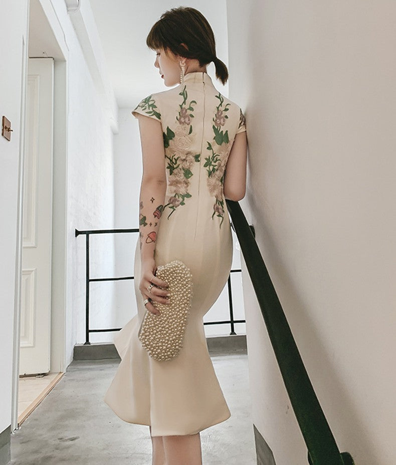 Cap Sleeve Floral Embroidery Cheongsam Top Mermaid Chinese Prom Dress ...