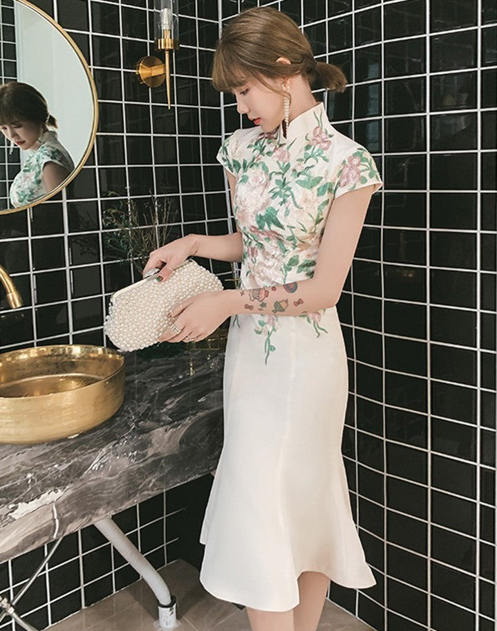 Cap Sleeve Floral Embroidery Cheongsam Top Mermaid Chinese Prom Dress ...