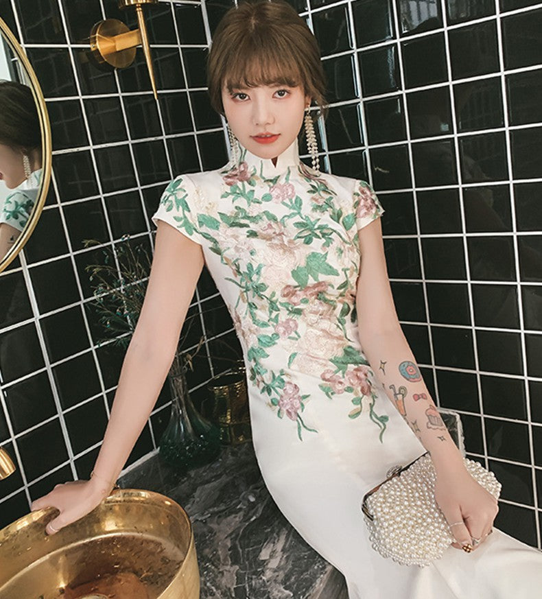 Cap Sleeve Floral Embroidery Cheongsam Top Mermaid Chinese Prom Dress ...