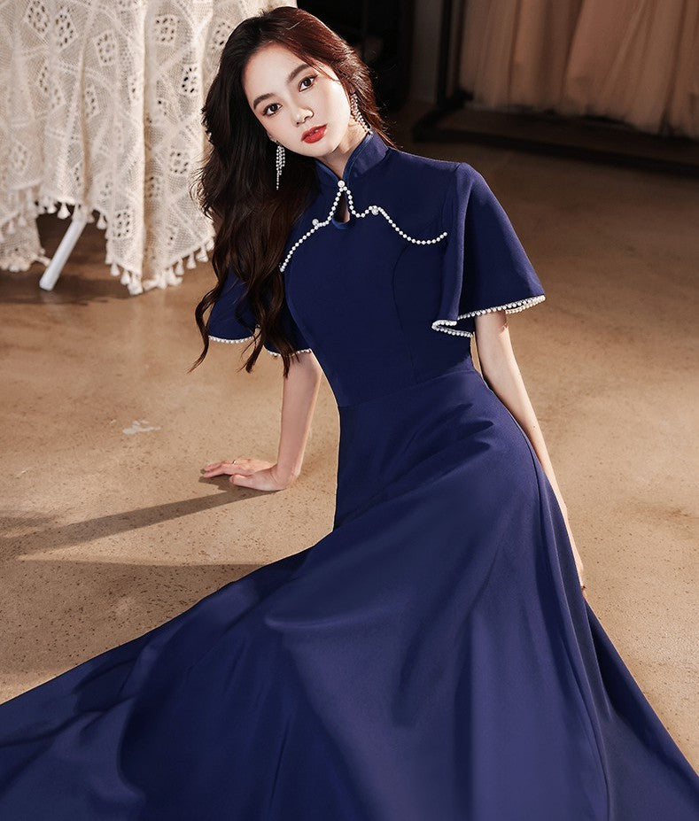 Trumpet Sleeve Cheongsam Top Chinese Prom Dress with Sequins Edge ...