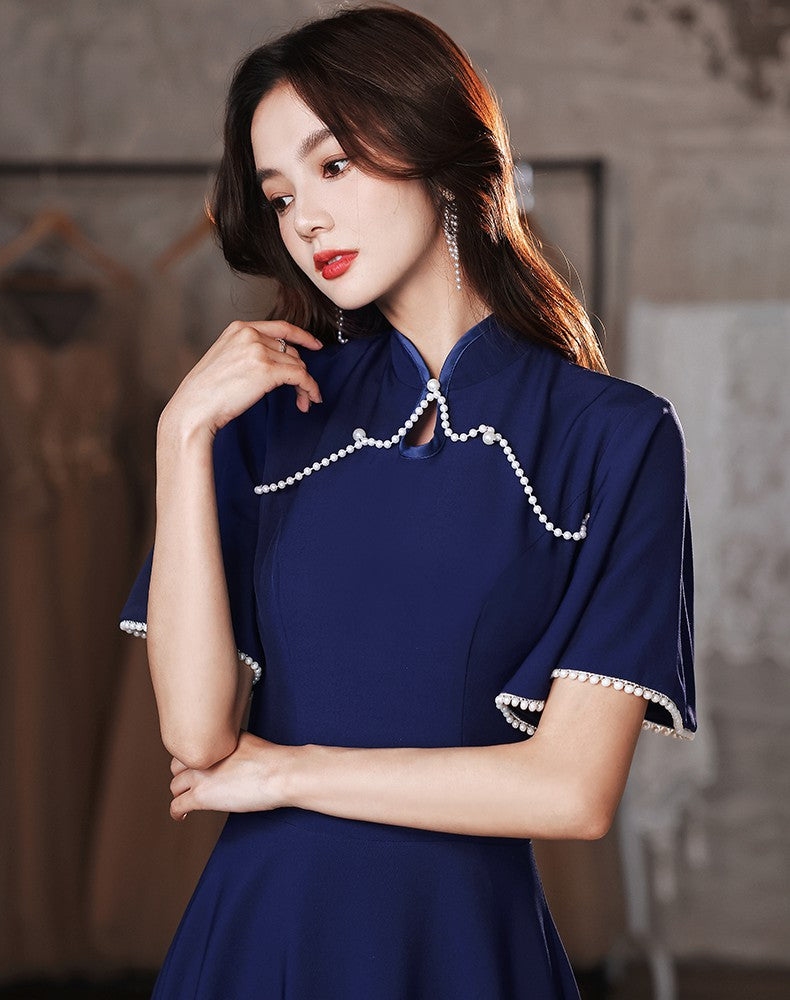 Trumpet Sleeve Cheongsam Top Chinese Prom Dress with Sequins Edge ...