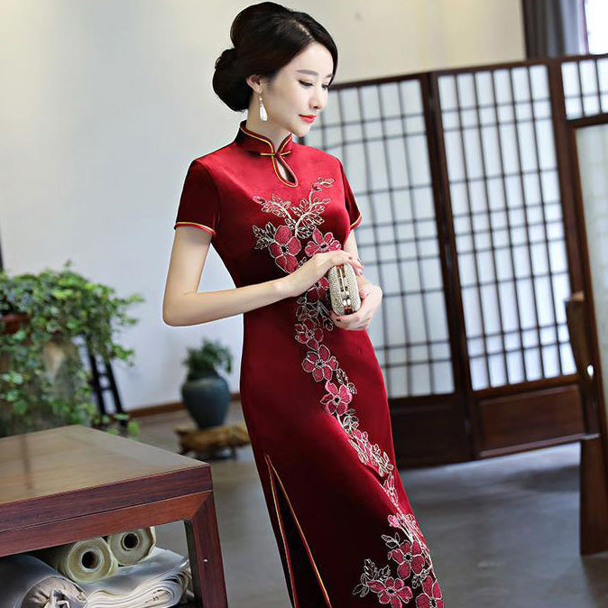 Keyhole Neck Full Length Floral Appliques Velvet Cheongsam Evening Dre ...