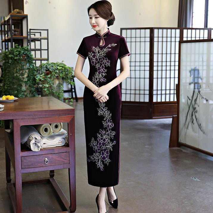 Keyhole Neck Full Length Floral Appliques Velvet Cheongsam Evening Dre ...