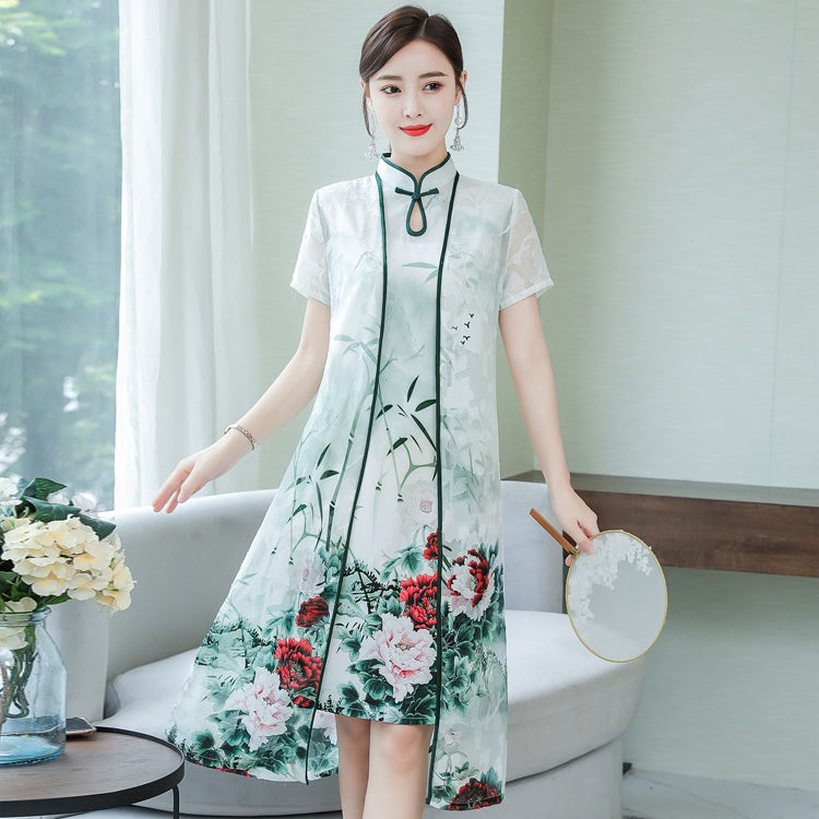 Knee Length Cheongsam Floral Chinese Costume 2-piece Suit – IDREAMMART