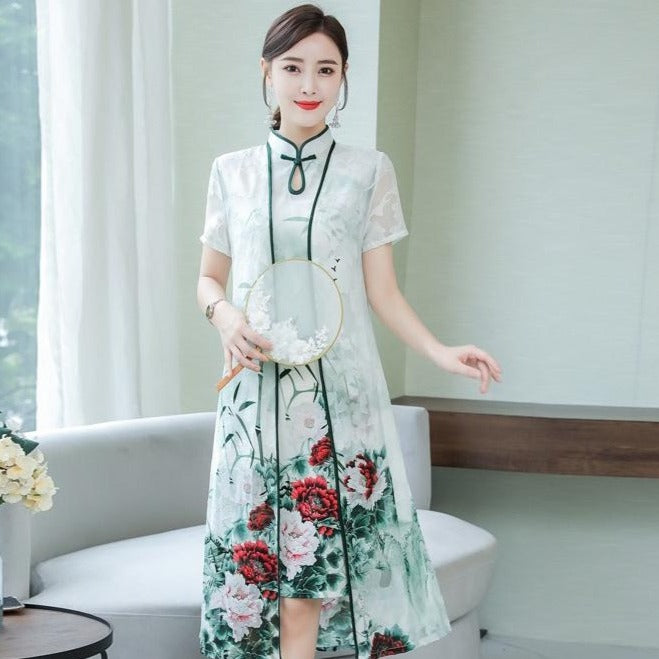 Knee Length Cheongsam Floral Chinese Costume 2-piece Suit – IDREAMMART