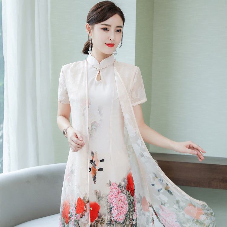 Knee Length Cheongsam Floral Chinese Costume 2-piece Suit – IDREAMMART