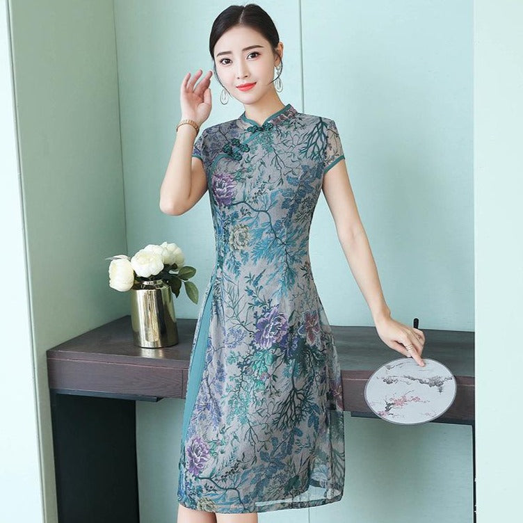 Mandarin Collar Cap Sleeve Floral Cheongsam Chinese Dress – IDREAMMART