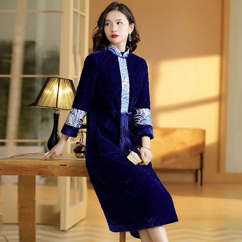 Blue & White Porcelain Pattern Velvet Cheongsam Wadded Chinese Dress ...