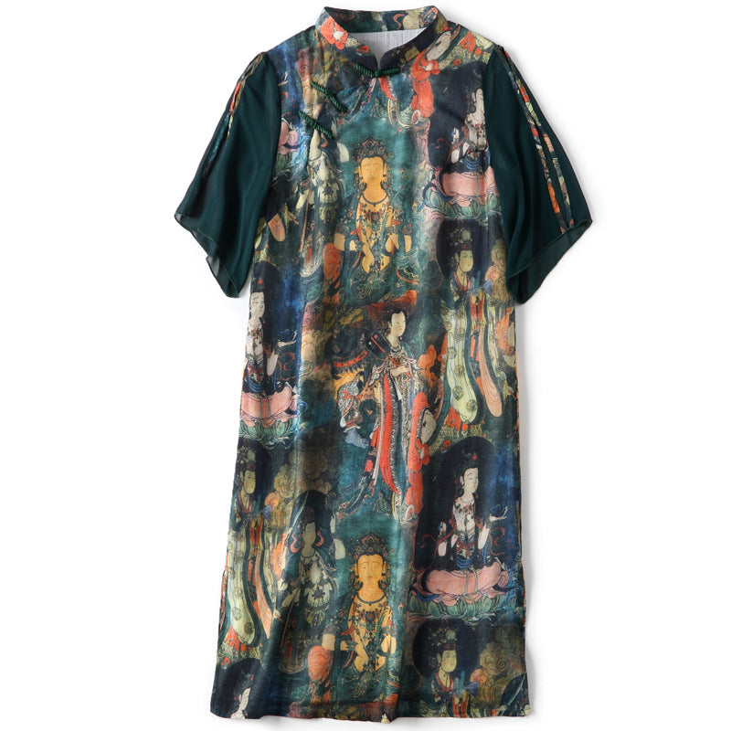 Puff Sleeve Buddha Pattern Fancy Cotton Retro Chinese Dress – IDREAMMART