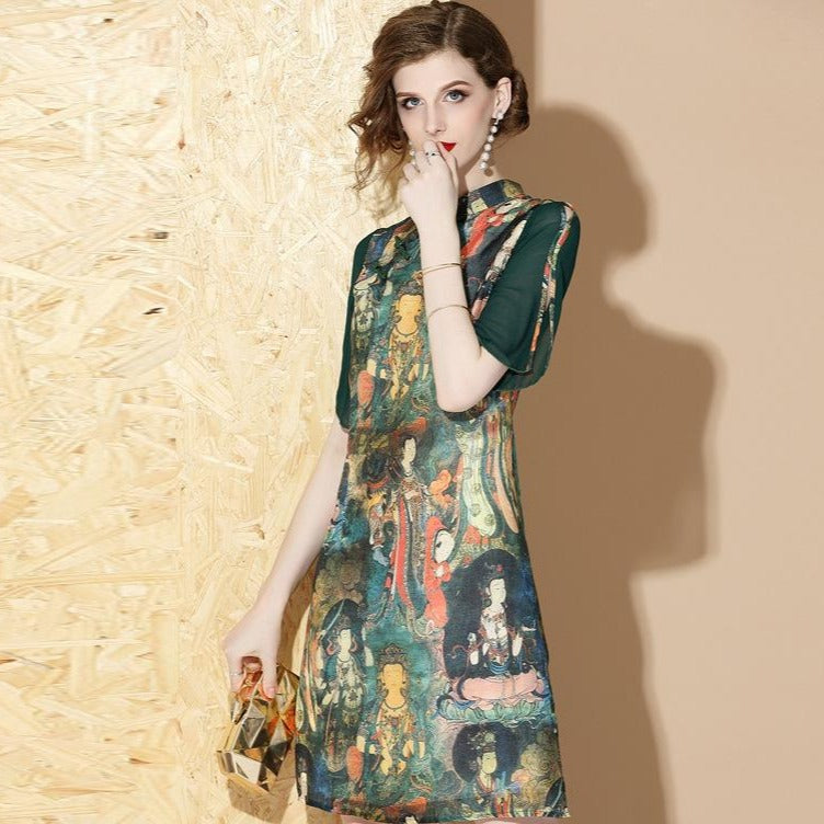 Puff Sleeve Buddha Pattern Fancy Cotton Retro Chinese Dress – IDREAMMART