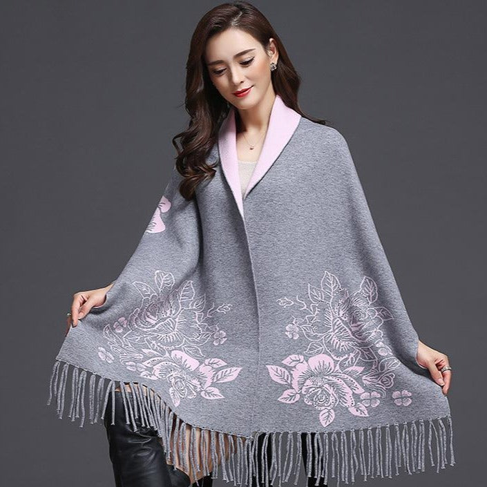 Batwing Sleeve Floral Sweater Shawl with Tassels – IDREAMMART