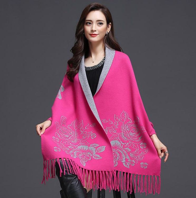 Batwing Sleeve Floral Sweater Shawl with Tassels – IDREAMMART