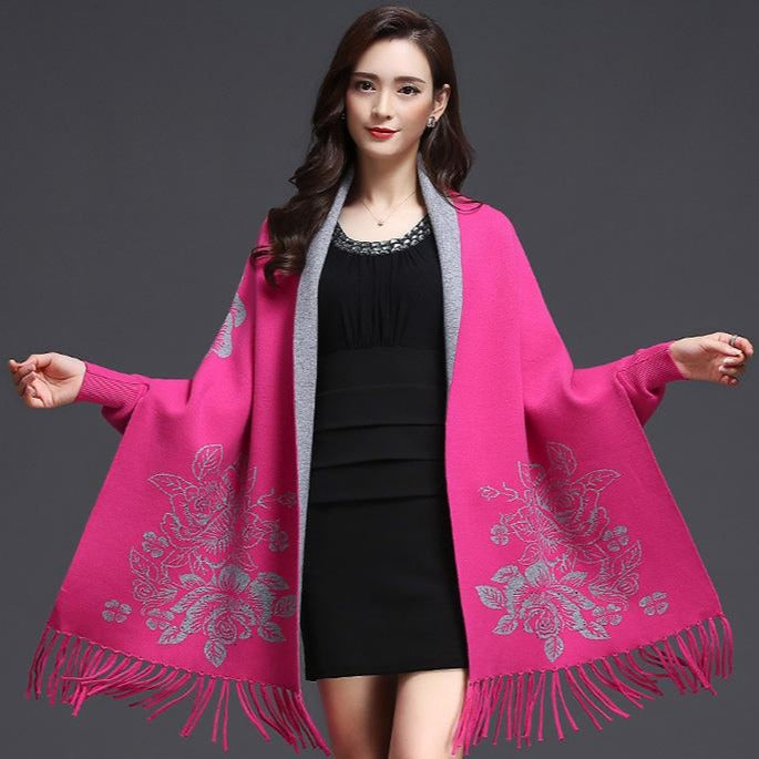 Batwing Sleeve Floral Sweater Shawl with Tassels – IDREAMMART