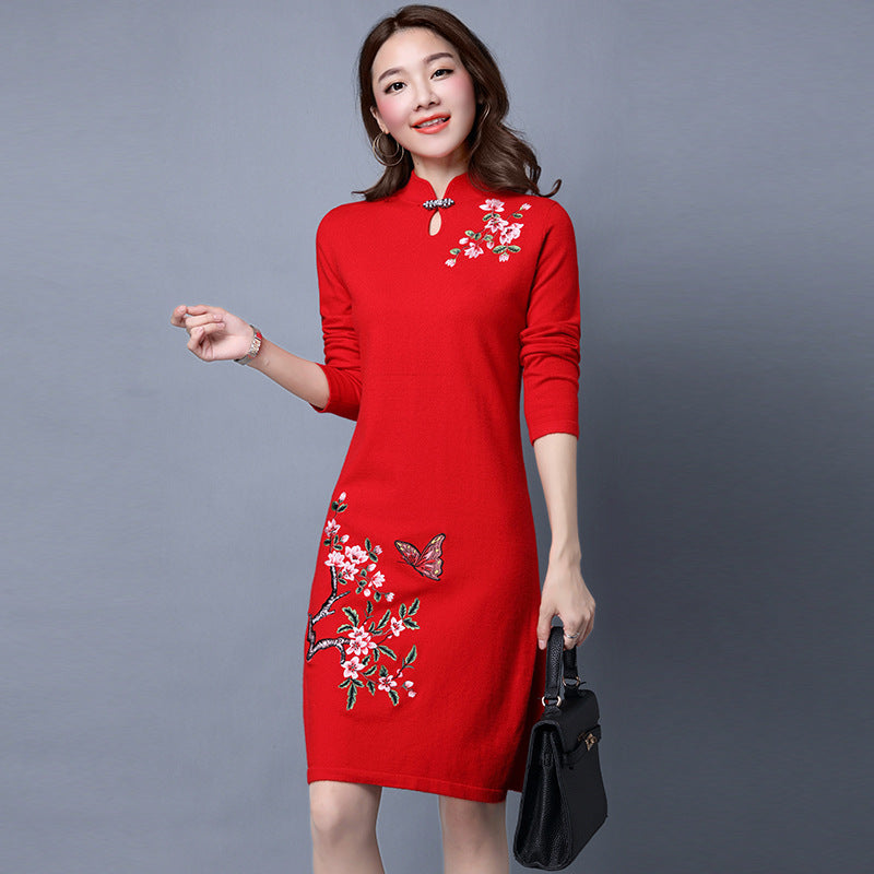 Key Hole Neck Knee Length Cheongsam Chinese Style Sweater Dress ...