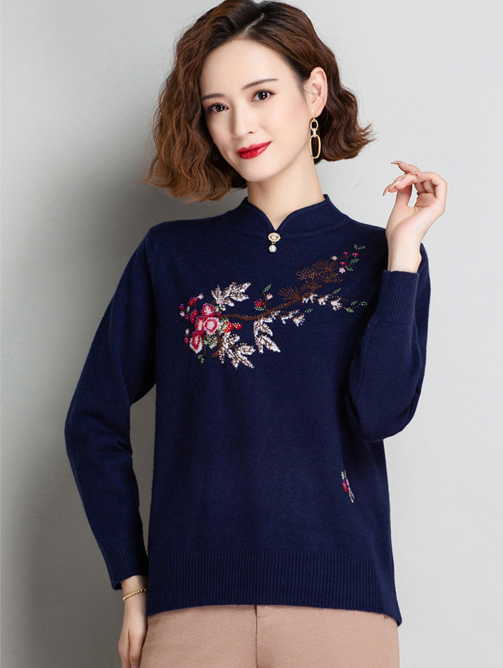 Floral Embroidery Blouse Chinese Style Knit Shirt – IDREAMMART