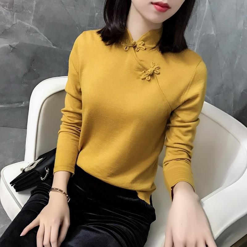 Mandarin Collar Women's Blouse Chinese Style Knit Shirt – IDREAMMART
