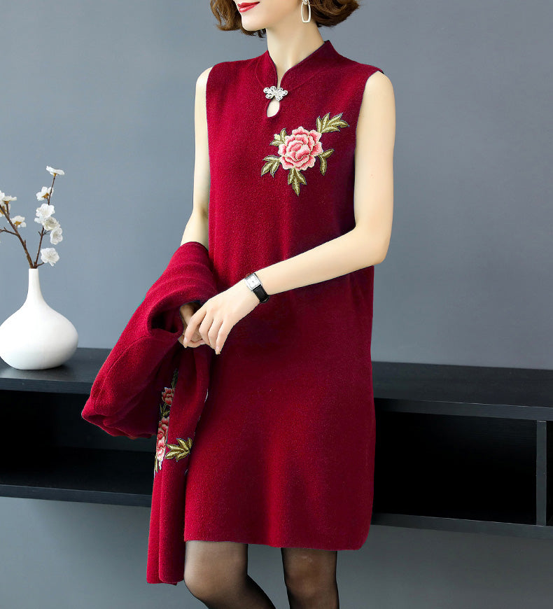 Floral Embroidery Chinese Style Knit Cheongsam & Coat Two-piece Suit ...