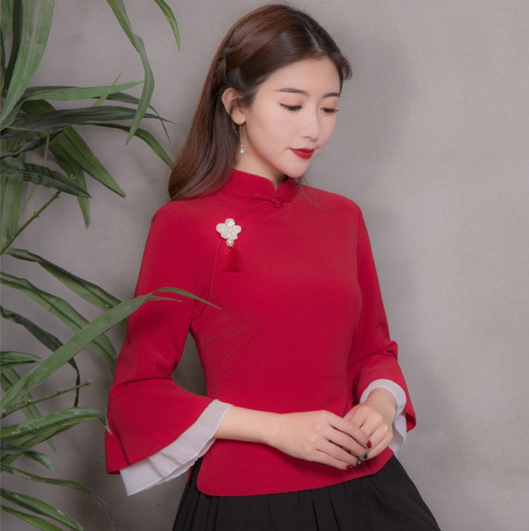 Mandarin Sleeve Cheongsam Top Traditional Chinese Shirt with Tassel ...